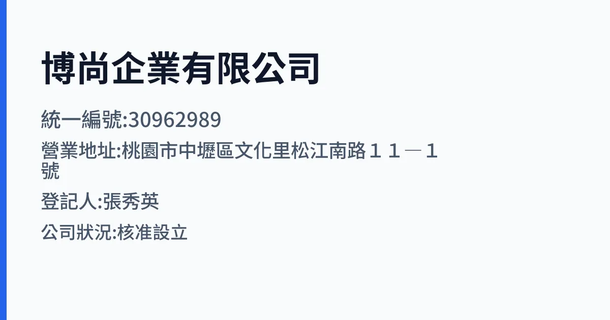 博尚企業有限公司 - 統編 30962989(桃園市) 公司登記資料與營業項目詳細圖表