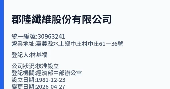郡隆纖維股份有限公司的照片-統編 30963241(嘉義縣) 公司登記資料與營業項目詳細圖表
