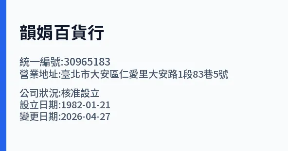 韻娟百貨行的照片-統編 30965183(臺北市) 公司登記資料與營業項目詳細圖表