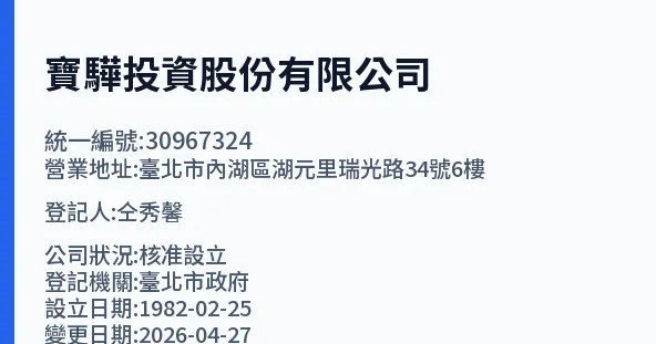 寶驊投資股份有限公司的照片-統編 30967324(臺北市) 公司登記資料與營業項目詳細圖表