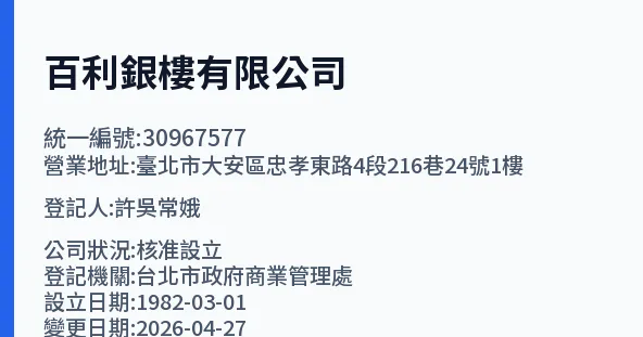 百利銀樓有限公司的照片-統編 30967577(臺北市) 公司登記資料與營業項目詳細圖表