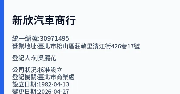 新欣汽車商行的照片-統編 30971495(臺北市) 公司登記資料與營業項目詳細圖表