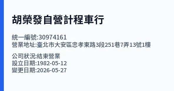 胡榮發自營計程車行的照片-統編 30974161(臺北市) 公司登記資料與營業項目詳細圖表