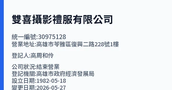 雙喜攝影禮服有限公司的照片-統編 30975128(高雄市) 公司登記資料與營業項目詳細圖表