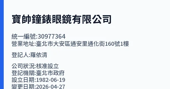 寶帥鐘錶眼鏡有限公司的照片-統編 30977364(臺北市) 公司登記資料與營業項目詳細圖表