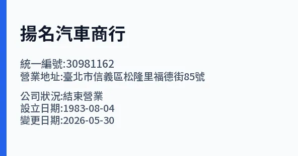 揚名汽車商行的照片-統編 30981162(臺北市) 公司登記資料與營業項目詳細圖表