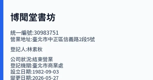 博聞堂書坊的照片-統編 30983751(臺北市) 公司登記資料與營業項目詳細圖表