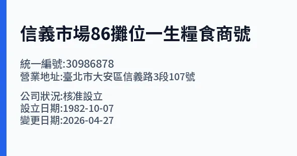 信義市場86攤位一生糧食商號的照片-統編 30986878(臺北市) 公司登記資料與營業項目詳細圖表