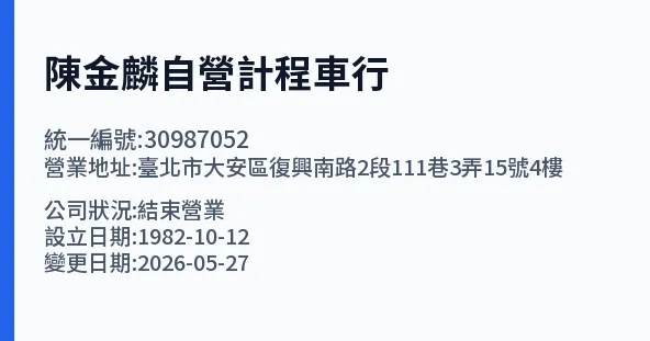 陳金麟自營計程車行的照片-統編 30987052(臺北市) 公司登記資料與營業項目詳細圖表