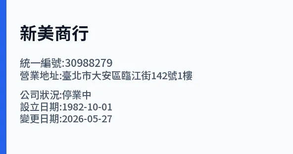 新美商行的照片-統編 30988279(臺北市) 公司登記資料與營業項目詳細圖表