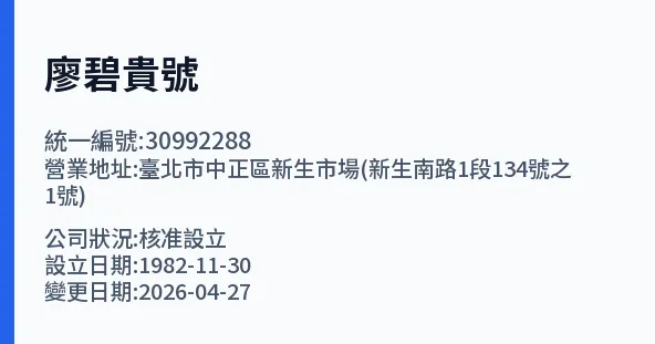 廖碧貴號的照片-統編 30992288(臺北市) 公司登記資料與營業項目詳細圖表
