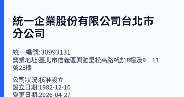 統一企業股份有限公司台北市分公司的照片-統編 30993131(臺北市) 公司登記資料與營業項目詳細圖表