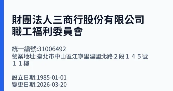 財團法人三商行股份有限公司職工福利委員會的照片-統編 31006492(臺北市) 公司登記資料與營業項目詳細圖表