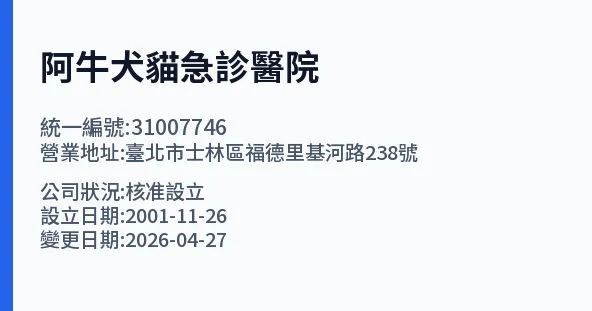 阿牛犬貓急診醫院的照片-統編 31007746(臺北市) 公司登記資料與營業項目詳細圖表