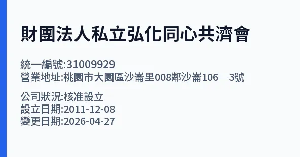 財團法人私立弘化同心共濟會的照片-統編 31009929(桃園市) 公司登記資料與營業項目詳細圖表