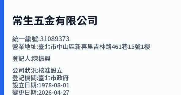 常生五金有限公司的照片-統編 31089373(臺北市) 公司登記資料與營業項目詳細圖表