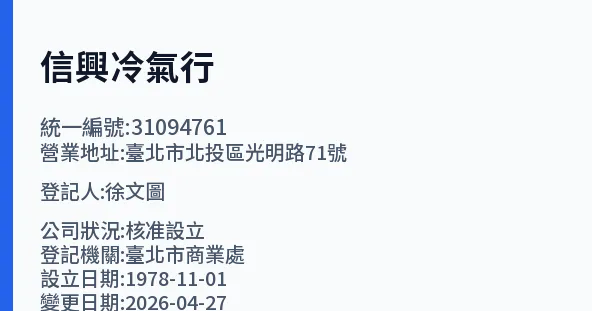 信興冷氣行的照片-統編 31094761(臺北市) 公司登記資料與營業項目詳細圖表