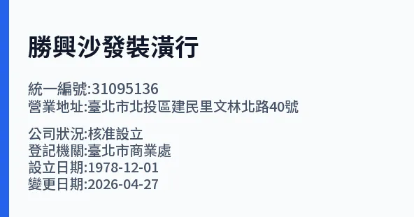 勝興沙發裝潢行的照片-統編 31095136(臺北市) 公司登記資料與營業項目詳細圖表