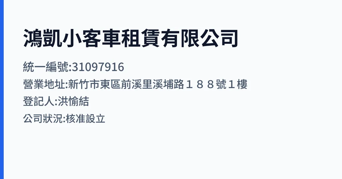 鴻凱小客車租賃有限公司 - 統編 31097916（新竹市） 公司登記資料與營業項目詳細圖表