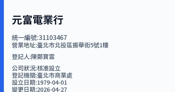 元富電業行的照片-統編 31103467(臺北市) 公司登記資料與營業項目詳細圖表