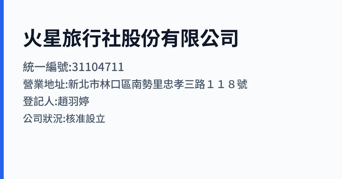 火星旅行社股份有限公司 - 統編 31104711(新北市) 公司登記資料與營業項目詳細圖表