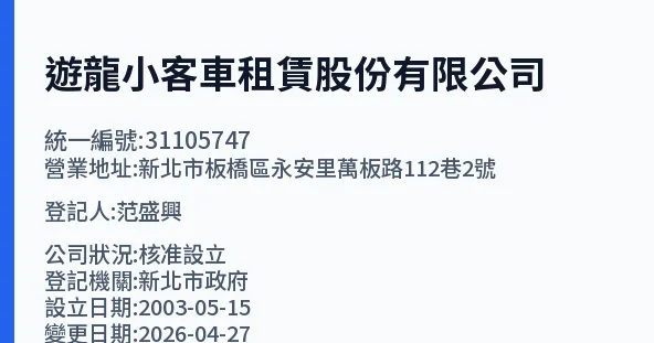 遊龍小客車租賃股份有限公司的照片-統編 31105747(新北市) 公司登記資料與營業項目詳細圖表