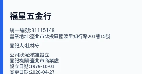 福星五金行的照片-統編 31115148(臺北市) 公司登記資料與營業項目詳細圖表