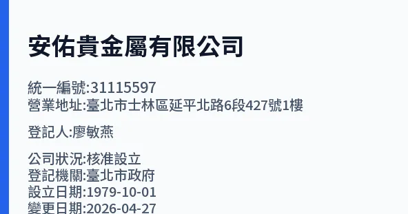 安佑貴金屬有限公司的照片-統編 31115597(臺北市) 公司登記資料與營業項目詳細圖表