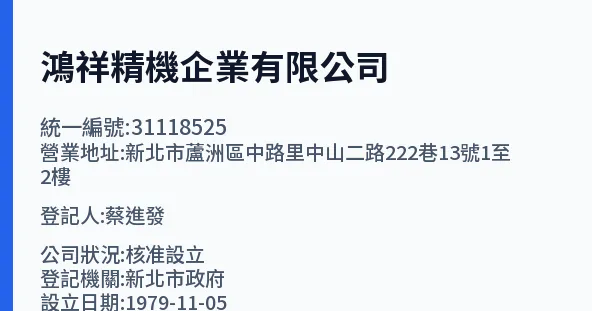 鴻祥精機企業有限公司的照片-統編 31118525(新北市) 公司登記資料與營業項目詳細圖表