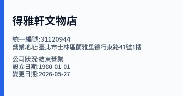 得雅軒文物店的照片-統編 31120944(臺北市) 公司登記資料與營業項目詳細圖表