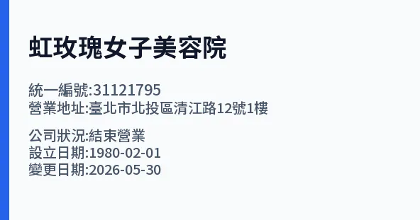 虹玫瑰女子美容院的照片-統編 31121795(臺北市) 公司登記資料與營業項目詳細圖表