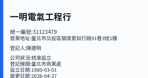 一明電氣工程行的照片-統編 31123479(臺北市) 公司登記資料與營業項目詳細圖表