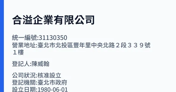 合溢企業有限公司的照片-統編 31130350(臺北市) 公司登記資料與營業項目詳細圖表