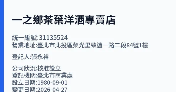 一之鄉茶葉洋酒專賣店的照片-統編 31135524(臺北市) 公司登記資料與營業項目詳細圖表