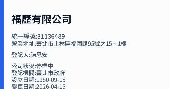 福歷有限公司的照片-統編 31136489(臺北市) 公司登記資料與營業項目詳細圖表