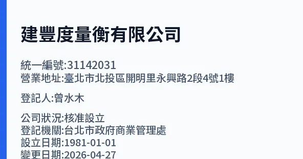 建豐度量衡有限公司的照片-統編 31142031(臺北市) 公司登記資料與營業項目詳細圖表