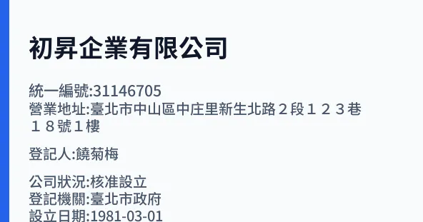 初昇企業有限公司的照片-統編 31146705(臺北市) 公司登記資料與營業項目詳細圖表