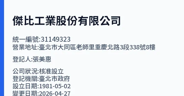 傑比工業股份有限公司的照片-統編 31149323(臺北市) 公司登記資料與營業項目詳細圖表
