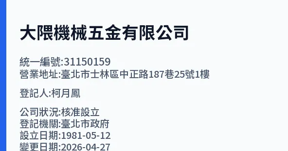 大隈機械五金有限公司的照片-統編 31150159(臺北市) 公司登記資料與營業項目詳細圖表