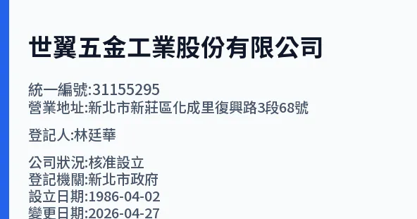世翼五金工業股份有限公司的照片-統編 31155295(新北市) 公司登記資料與營業項目詳細圖表