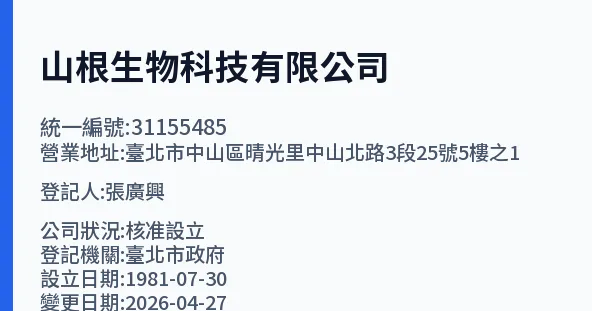 山根生物科技有限公司的照片-統編 31155485(臺北市) 公司登記資料與營業項目詳細圖表