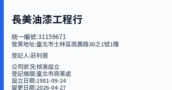 長美油漆工程行的照片-統編 31159671(臺北市) 公司登記資料與營業項目詳細圖表