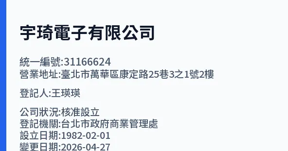 宇琦電子有限公司的照片-統編 31166624(臺北市) 公司登記資料與營業項目詳細圖表