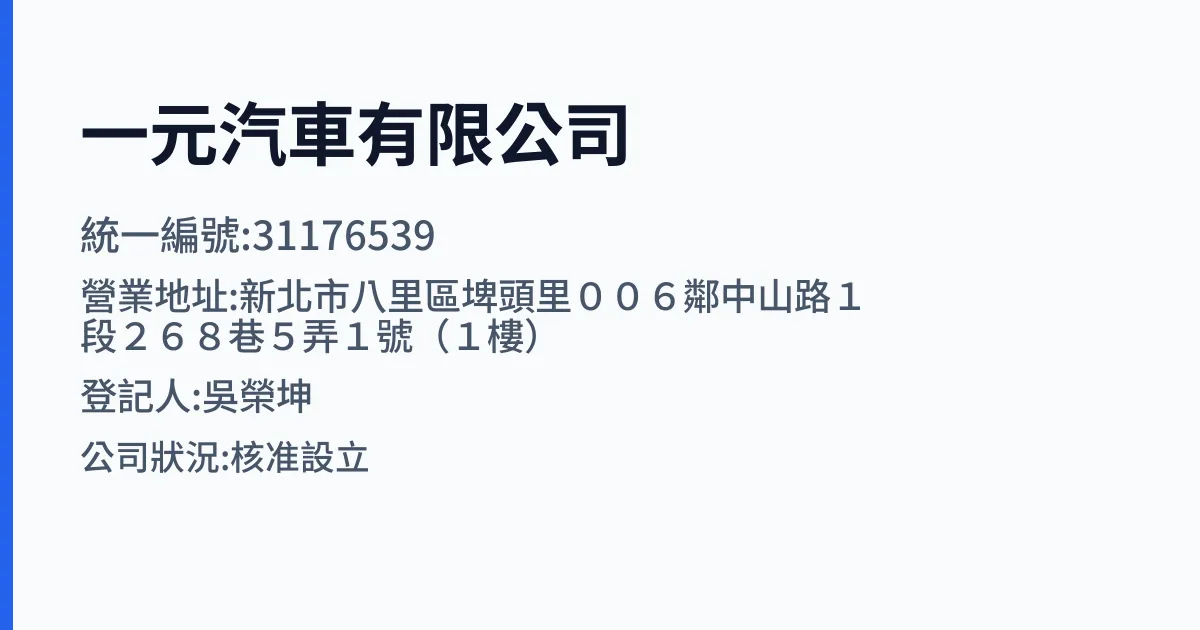 一元汽車有限公司 - 統編 31176539(新北市) 公司登記資料與營業項目詳細圖表