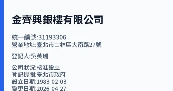 金齊興銀樓有限公司的照片-統編 31193306(臺北市) 公司登記資料與營業項目詳細圖表