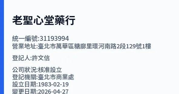 老聖心堂藥行的照片-統編 31193994(臺北市) 公司登記資料與營業項目詳細圖表