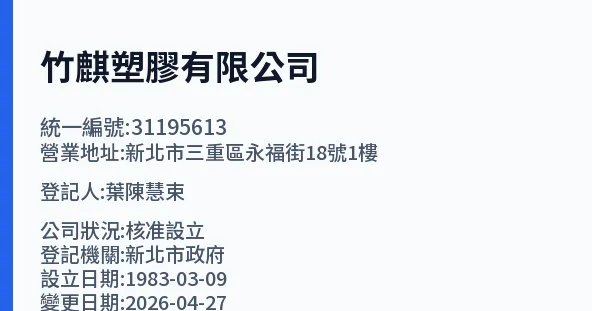 竹麒塑膠有限公司的照片-統編 31195613(新北市) 公司登記資料與營業項目詳細圖表