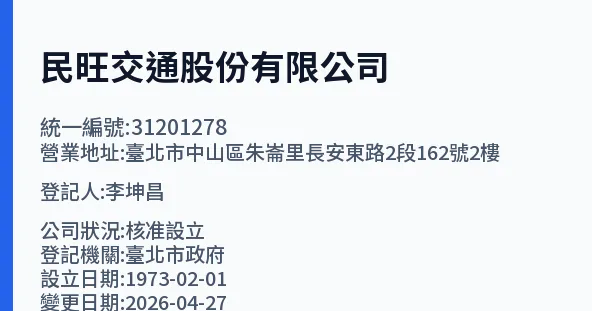 民旺交通股份有限公司的照片-統編 31201278(臺北市) 公司登記資料與營業項目詳細圖表