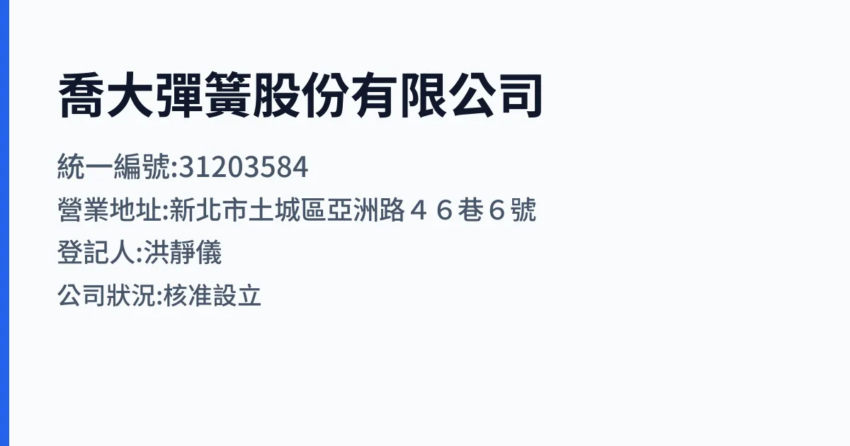 喬大彈簧股份有限公司 - 統編 31203584(新北市) 公司登記資料與營業項目詳細圖表