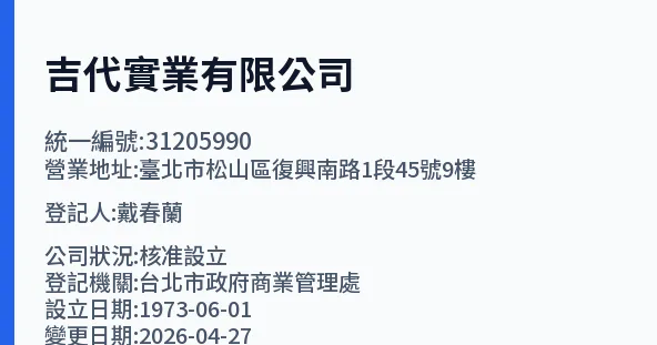 吉代實業有限公司的照片-統編 31205990(臺北市) 公司登記資料與營業項目詳細圖表